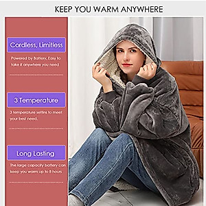 Battery Heated Wearable Blanket Hoodie for Women and Men, Cordless Sherpa Heated Blanket Wrap with Battery Pack, Warm and Cozy Heated Snuggie Shawl for Home and Office