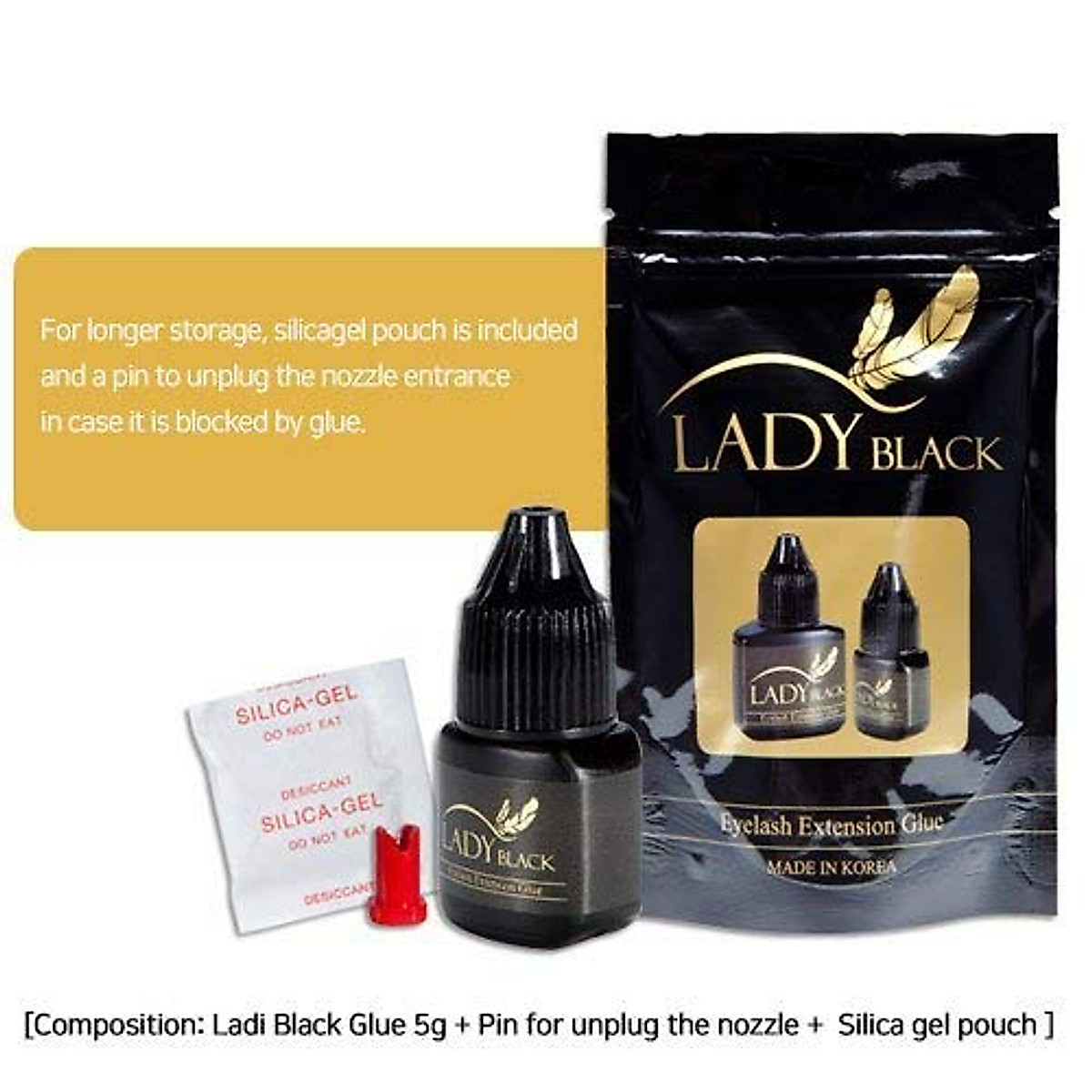 50 Pink + 2 Lady Black 5 ml - 3-4 Seconds Drying time - Retention 5-6 Weeks - Professional Use Only Strong Black Adhesive for Individual Semi-Permanent Extensions Latex Free