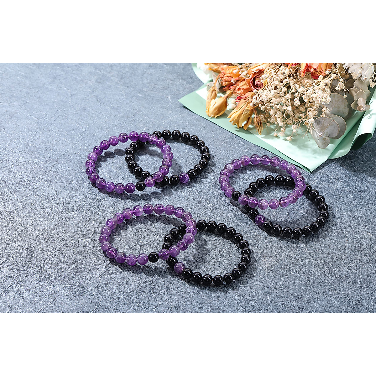 Jovivi 2pcs 8mm Black Obsidian & Amethyst Healing Crystal Stone Stretch Bracelets Handmade Natural Round Gemstone Beaded Energy Beads Chakra Bracelet for Women Men Couples Distance Gifts