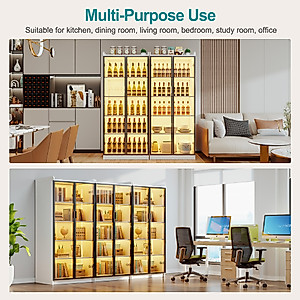 Lvifur Tall Storage Cabinet up to 70", LED Kitchen Pantry Cabinet with Human Body Induction, 5 Tier Bookcase Display Cabinet with Adjustable Shelves for Living Room Office (White)