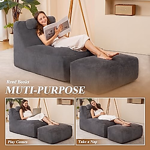 Homguava Bean Bag Chair Large Indoor Beanbag Sofa Lazy Beanbag with Neck Roll&Ottoman Cozy Floor Sofa with Washable Cover&Side Pocket for Bedroom (Grey)