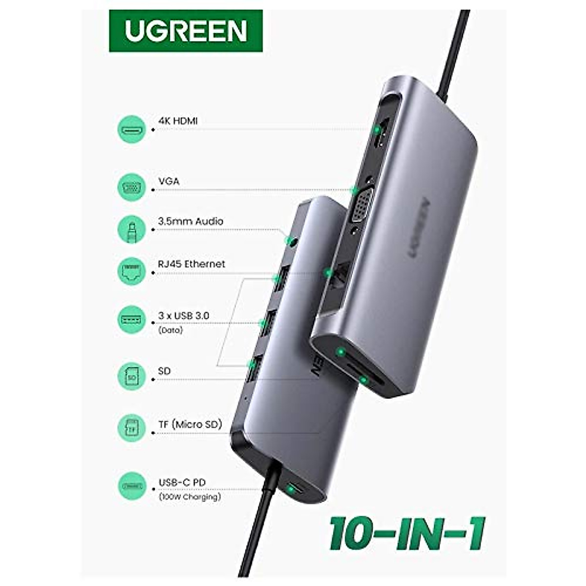 NIZYH USB C Hub 10 in 1 USB Type C to HDMI 4K USB 3.0 VGA PD 3.5mm Full Function Hub