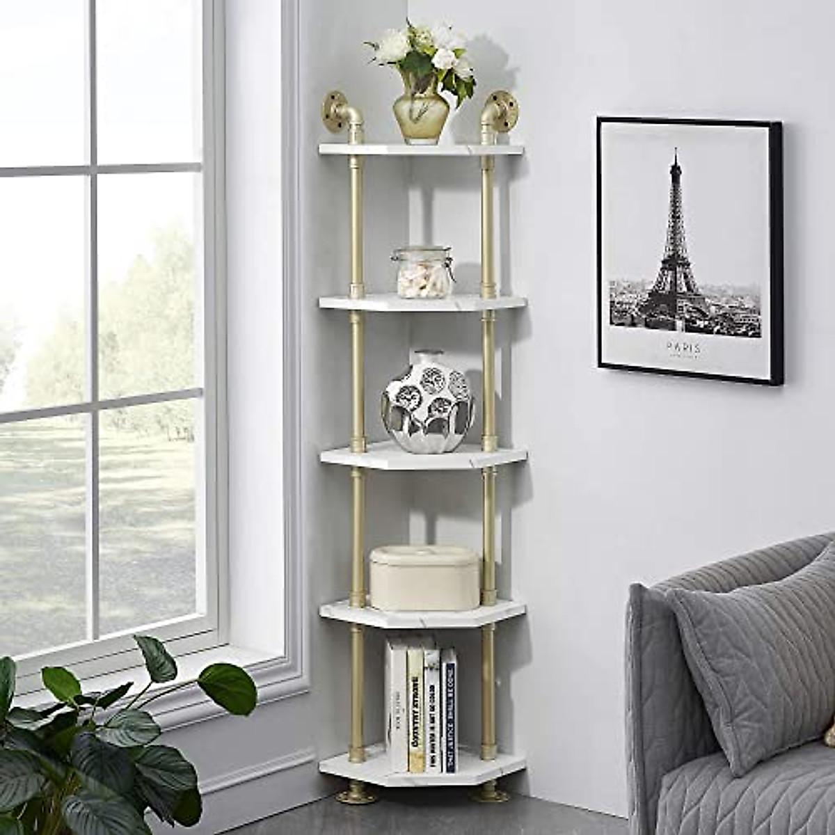 ivinta Corner Bookshelf with Storage, Wall Mount Pipe Shelves, White Corner Shelf Stand, Gold Metal Décor Bookcase, Modern Shelf Organizer Display Stand Rack for Bedroom, Bathroom, Living Room