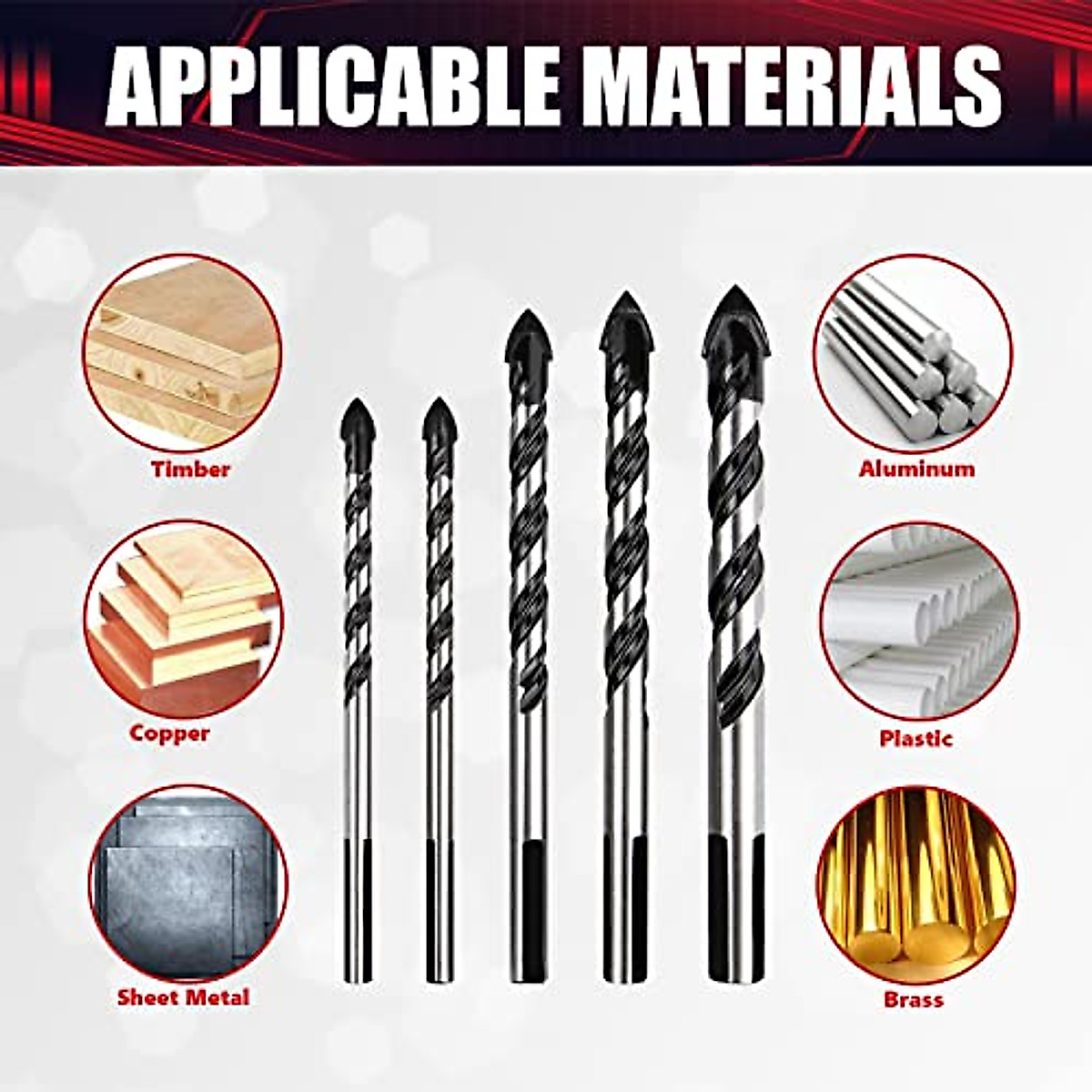 wesleydrill Masonry Drill Bit Set 5 pcs 1/4"-1/2" Concrete Drill Bit Set Fit for Home DIY Building and Engineering Suitable for Electric Drill or Professional Drill