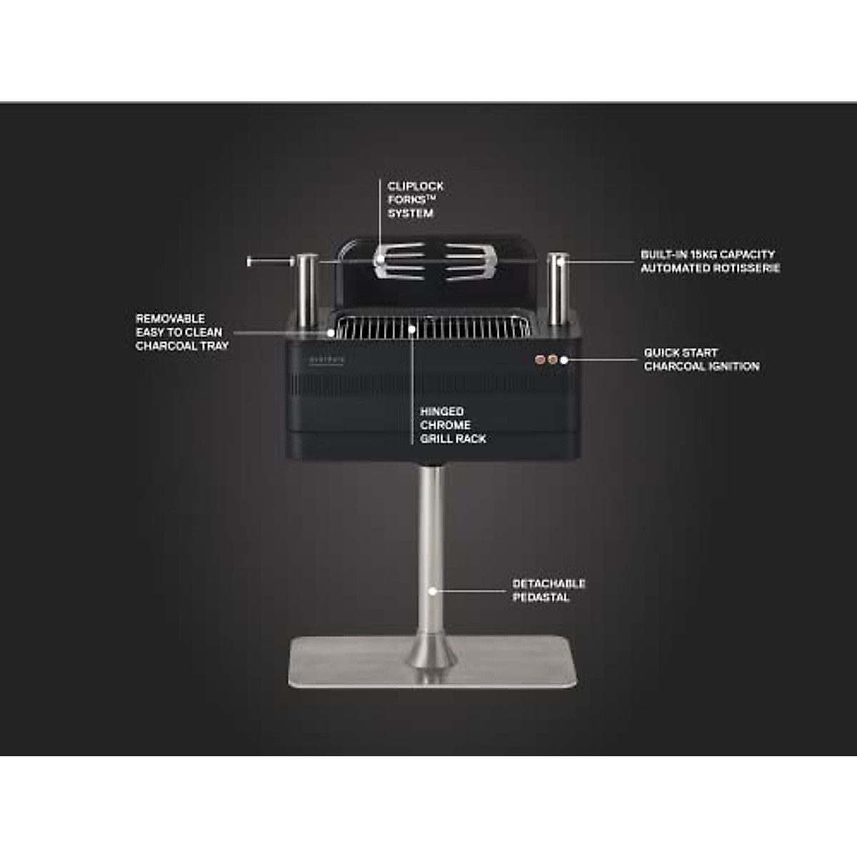 Everdure by Heston Blumenthal Fusion 29-Inch Charcoal Grill with Patented Built-in Rotisserie System & Quick Electric Ignition, Outdoor BBQ Grill, Adjustable Rod Height, Easy Clean-Up, Matte Black