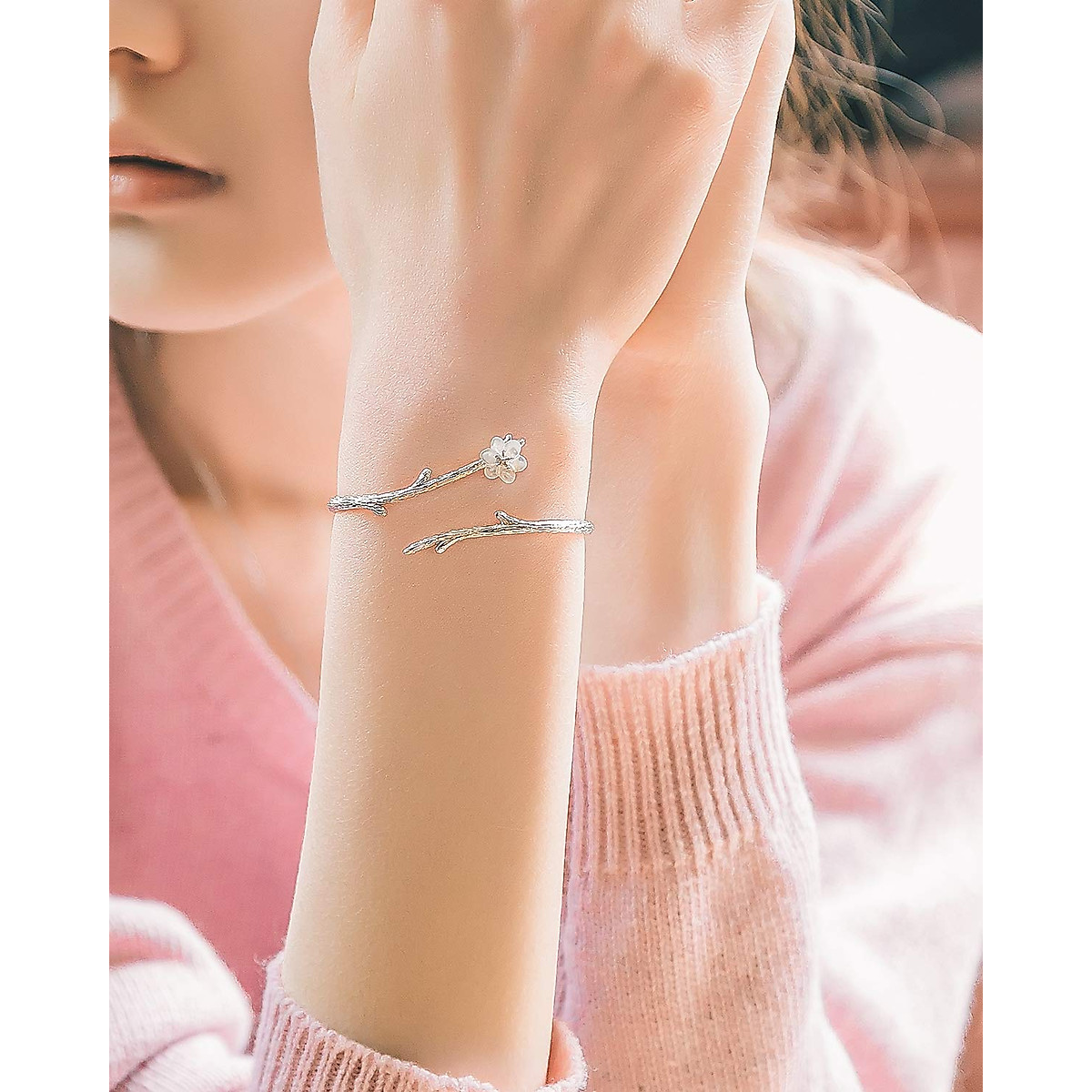 Jewever 925 Sterling Silver Original Sakura Opening Bracelet Adjustable White Shell Carving Flower For Women Jewelry Gift
