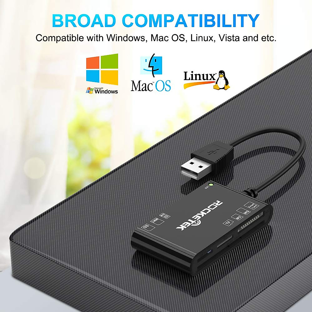 6 in 1 Memory Card Reader, Rocketek USB Smart Card Reader with SDHC/SDXC/SD Card Reader & Micro SD Card Adapter, CAC Card Reader for SIM, MS, M2, MMC RS & 4.0 for Windows, Linux, Mac OS X