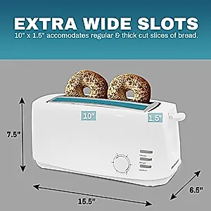 Elite Gourmet ECT-4829 Long Slot 4 Slice Toaster, 6 Toast Settings Toaster Defrost, Reheat, Cancel Functions, Slide Out Crumb Tray, Extra Wide Slots for Bagels Waffles, White