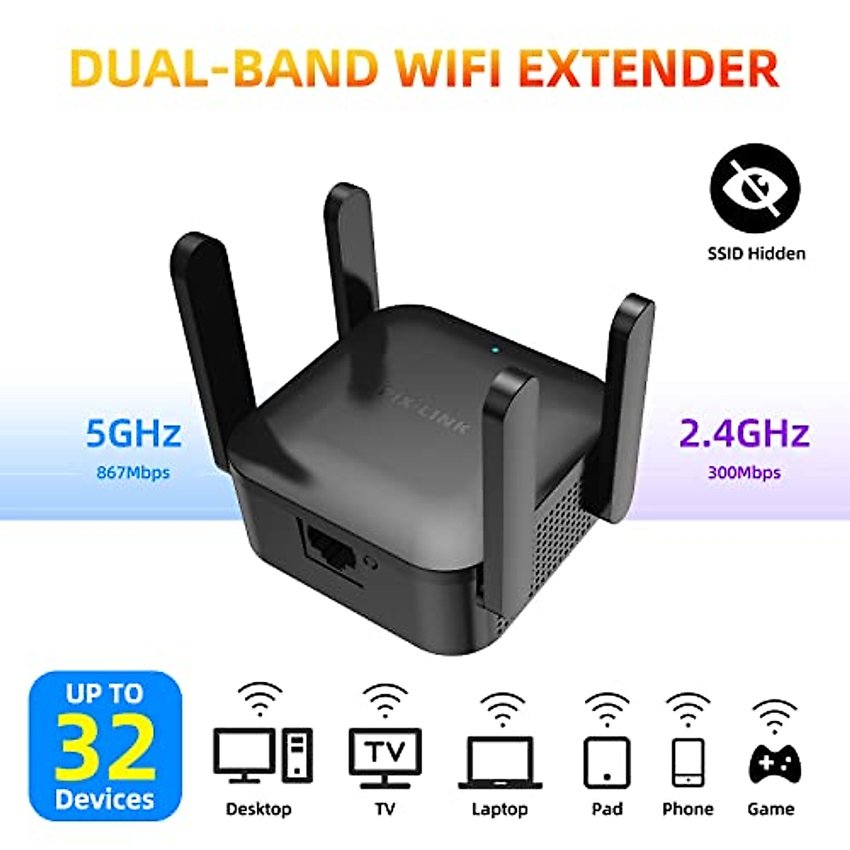 WiFi Extender, 1200Mps 5.8GHz / 2.4GHz WiFi Range Extender, WiFi Booster Cover Up to 7000 Sq.ft and 32 Devices WiFi Extender Signal Booster for Home WiFi Repeater to Extend Range of Wireless Internet