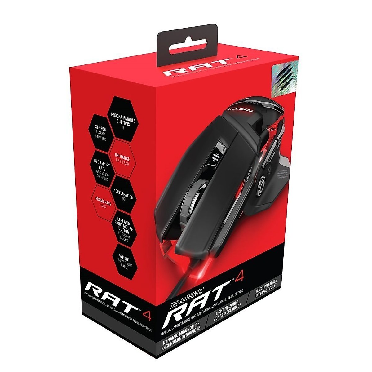 Mad Catz RAT4 Wired Optical USB LED RGB Mouse with 9 Programmable Buttons, Adjustable - Black
