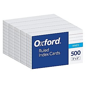 Oxford Index Cards, 500 Pack, 3x5 Index Cards, Ruled on Front, Blank on Back, White, 5 Packs of 100 Shrink Wrapped Cards (40176)