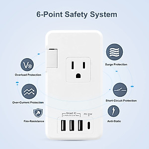 EWIN Power Strip with PD 30W USB C Port,Portable Travel Surge Protector Extension Cord with 2 Outlets,3 USB Charging Port,Flat Plug Compact Size Charging Station for Travel,Home,Office