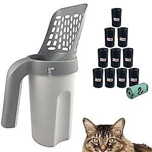 Cat Litter Scoop,Cat Litter Scooper with Trash Container,Removable Cat Litter Scoop Holder，Portable Litter Scooper with Holder Provides 215 Garbage Bags，Cat Scooper&Cat Litter Disposal System In 1