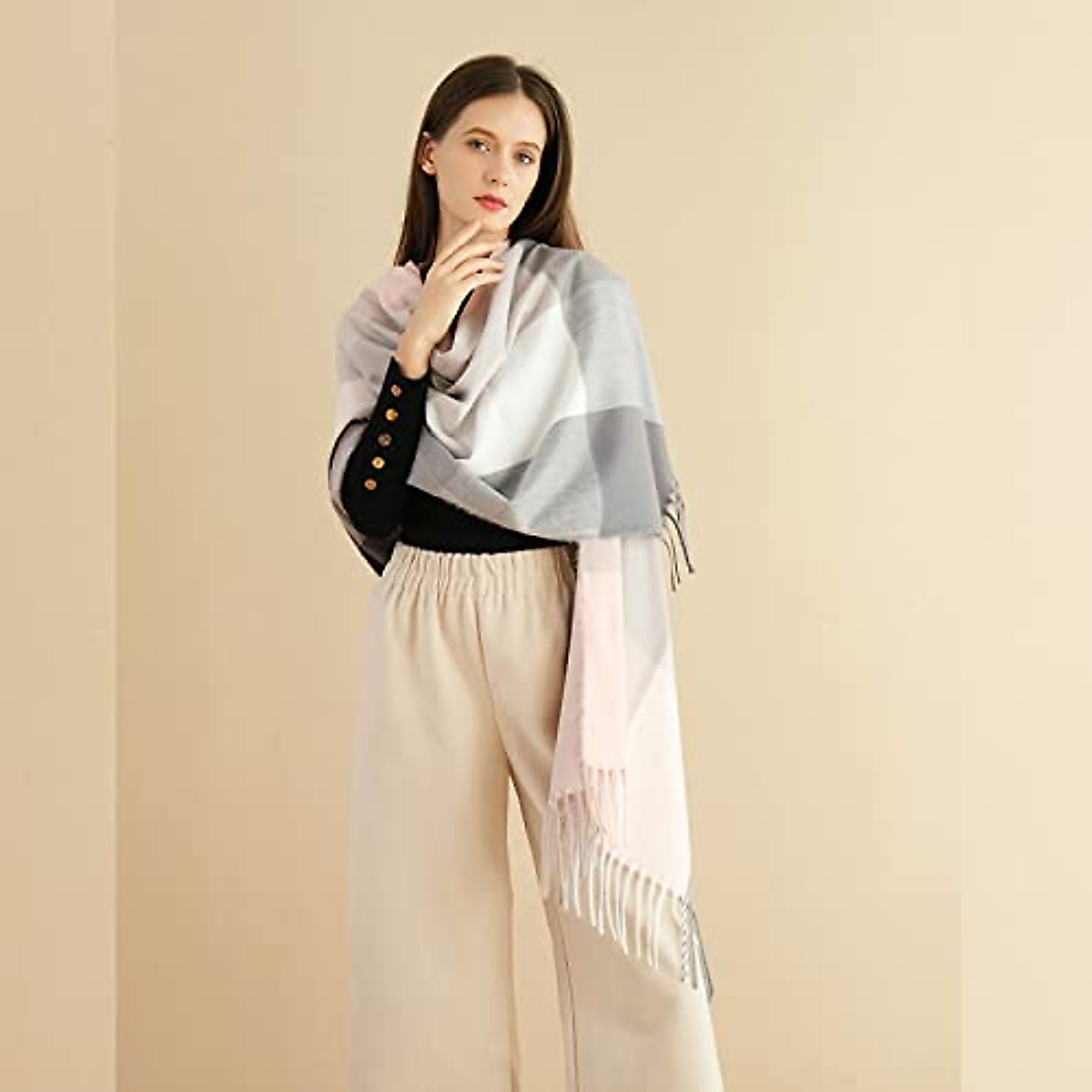 Sumato Scarf for Women Fall Winter Lightweight Shawl Wraps Long Blanket Women Scarves Warm Soft Cashmere Feel Plaid Pattern Tassel Grey