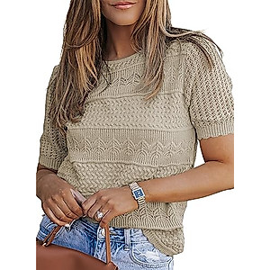 Dokotoo Womens Summer Short Sleeve Sweaters Tops Spring Crew Neck Pullover Shirt Lightweight Knit Sweater Blouse Apricot Medium