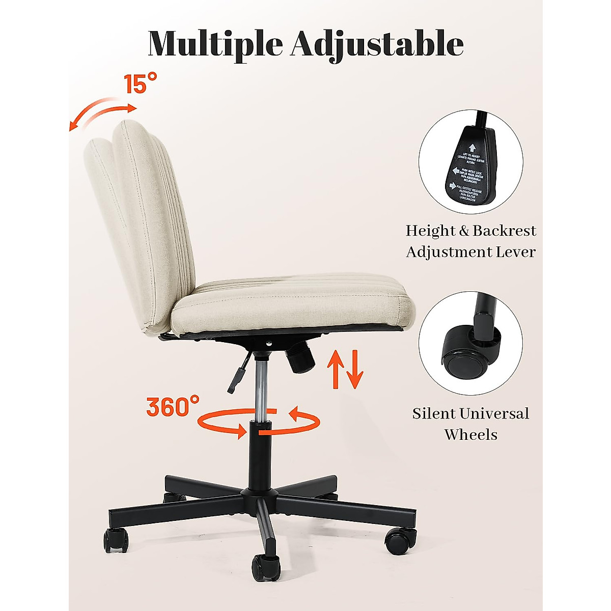 Murago Criss Cross Chair with Wheels, Extra Wide Cross Legged Office Desk Chair, Plus Size Swivel Vanity Chair, Height Agjustable Chair, Beige