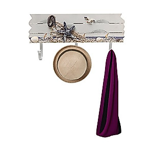 MyGift Wall Mounted Wood Nautical Theme Coat Rack with 3 Hooks and Decorative White Sand, Starfish, Seagull and Seashells Design