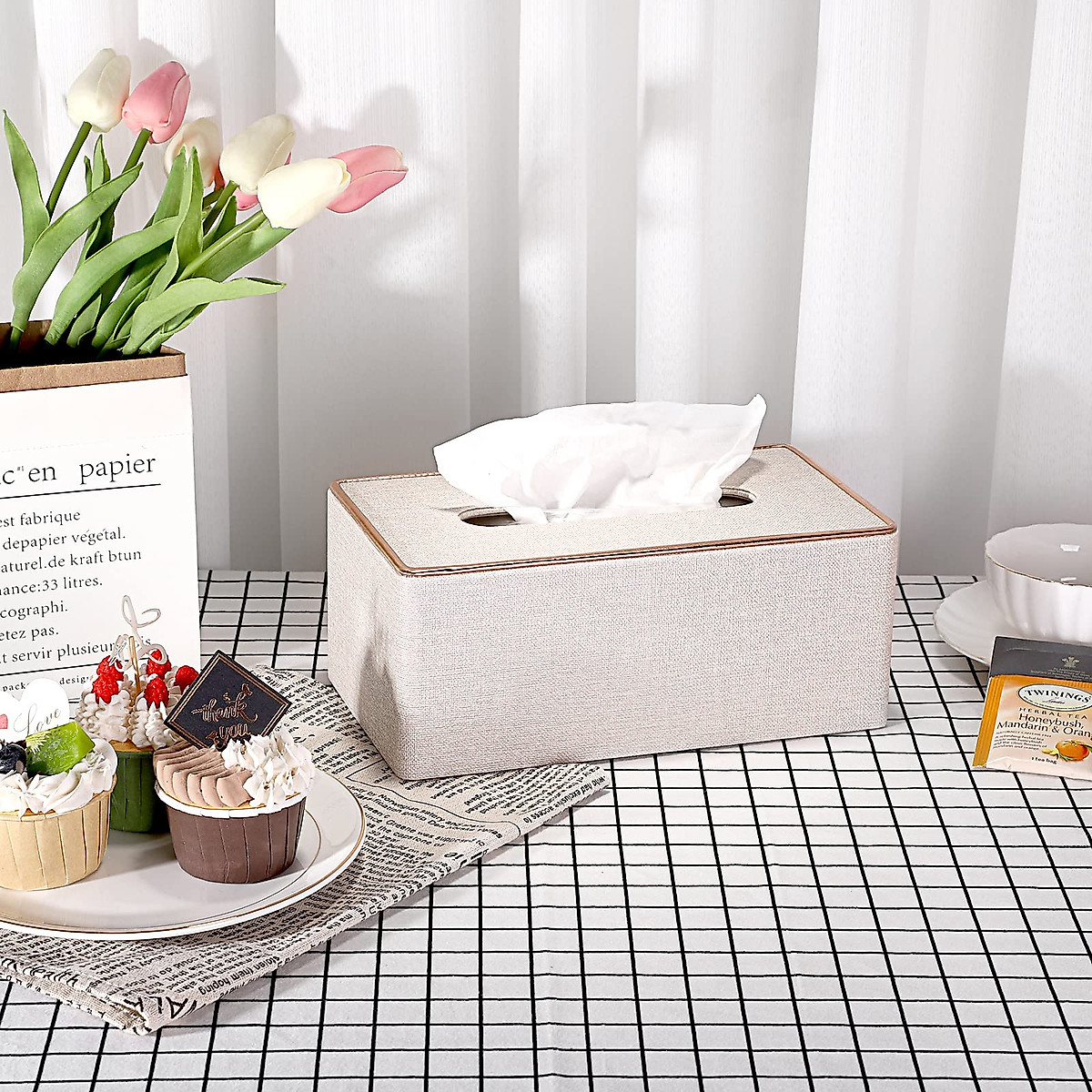 Sumnacon Rectangular Linen Tissue Box Cover - Stylish Tissue Box Holder with Magnetic Bottom, Decorative Tissue Box for Bathroom Toilet Vanity Night Stand Table Countertop Office, Beige Linen Texture