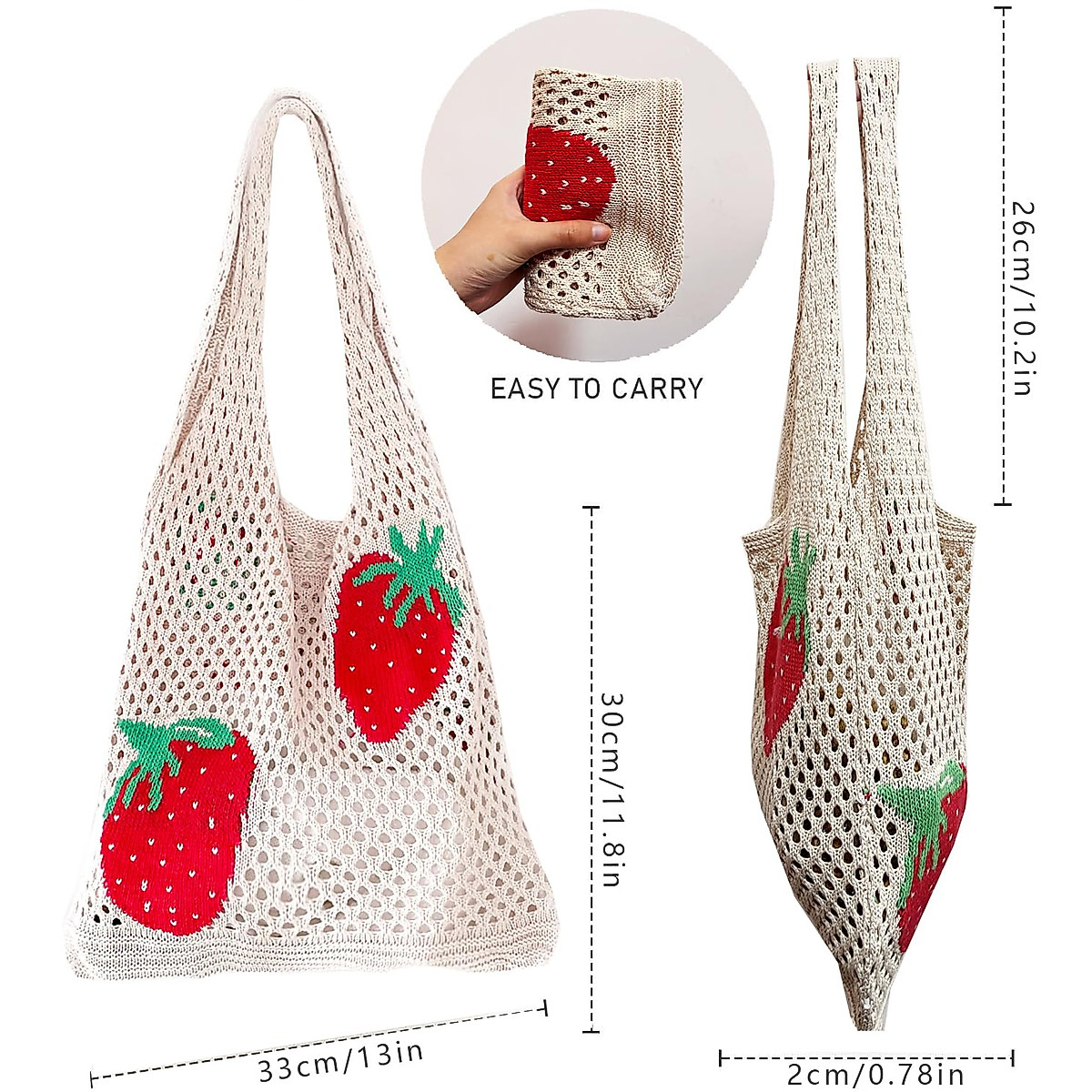 Stizimn Cute Strawberry Pattern Tote Bag Crochet Tote Bag Shoulder Bag Handbags Knitting Bag Aesthetic Handmade Weaving (White)