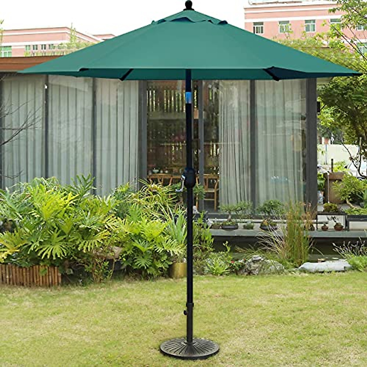 Sunnyglade 7.5' Patio Umbrella 6 Ribs (Dark Green) | 18" 30.2-lbs Heavy Duty Round Antiqued Umbrella Base, Bronze