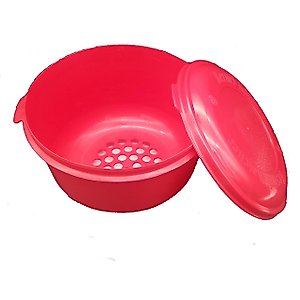 APSI Store Kernel Katcher Popcorn Bowl Set - Popcorn Bowl Strainer Sifter Shaker Kernel Catcher and Separator, Large and Reusable With Lid, Dishwasher Safe, Recycled Plastic with Handle (Red)