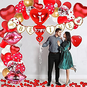 Valentines Day Balloon Arch Garland Kit, Red White Love Balloons Red Confetti Balloons Red Rose Petals Heart Garland I Love U Balloon Be Mine Banner for Valentine Day Engagement Wedding Decorations