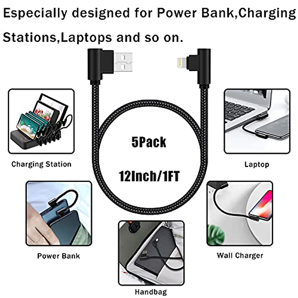 Osecet iPhone Charger 1ft 90 Degree Elbow 5 Pack MFi Certified Right Angle Lightning Cable 1 Foot Braided iPhone Charging Cable for iPhone 13 12 11 Pro X XS XR 8 Plus 7 6 5(Black,1 Feet)