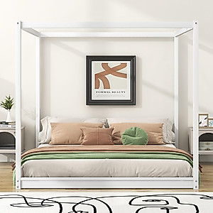 Mirightone King Size Canopy Bed Frame Wood Floor Bed Frame with Slats 4 Poster Bed King Platform Bed with Wood Support Legs, No Box Spring Needed, White