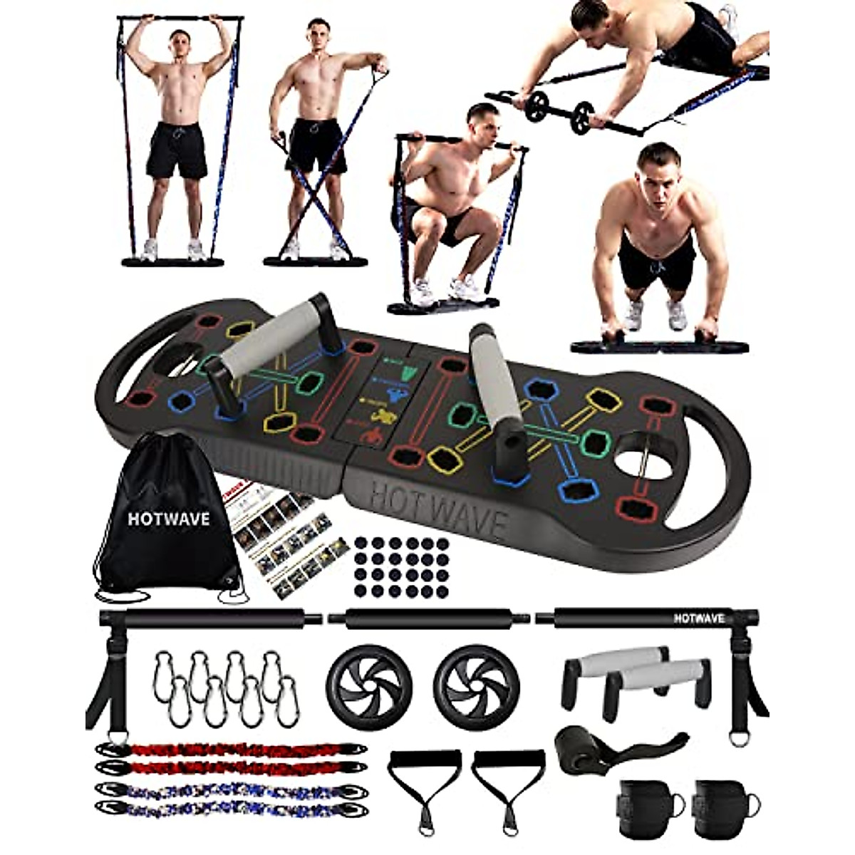 HOTWAVE Ultimate Portable Home Gym with 16 Fitness Accessories,20 in 1 Push Up Board,Resistance Bands with Ab Roller Wheel,Full Body Workout Equipment at Home for Man and Woman