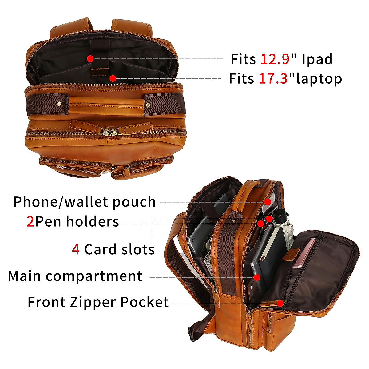 UBANT Leather Backpack For Men,17.3" Laptop Backpack Large Capacity Multi Pockets Casual Travel Business Office Work Bag Camping Weekend Daypack Outdoor Sports Rucksack