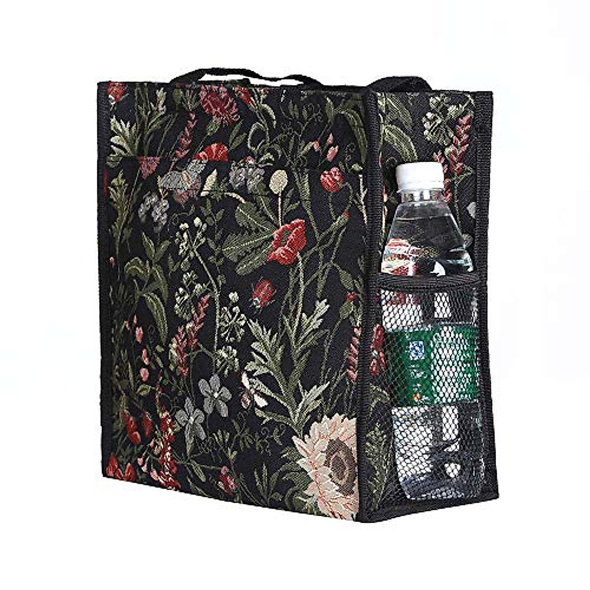 Signare Black Floral Shoulder Tote Shopping Bag with Sunflower Poppy Dragonfly Butterfly (SHOP-MGDBK)