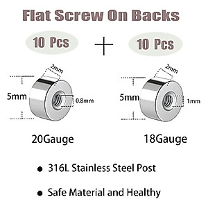 MJust 18G 20G Screw Ball Backs Flat Earring Backs Stainless Steel Replacement Balls Metal Earring Backs for Studs Piercing Parts for Body Jewelry B20