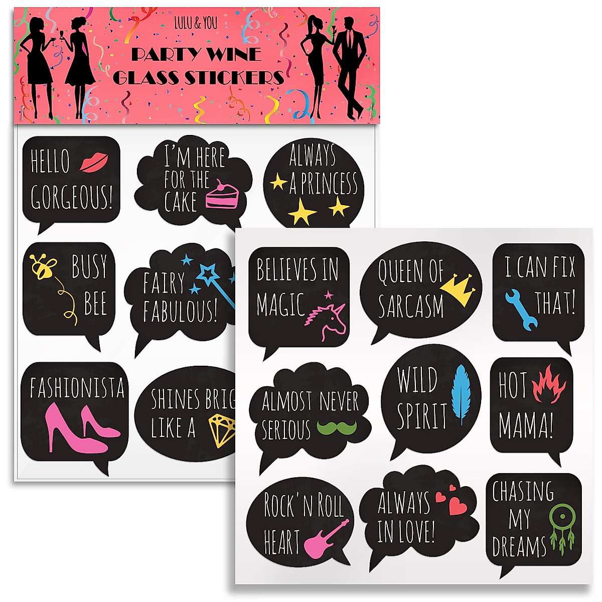 Funny Wine Glass Drink Markers - 18 Static Clings Reusable Glass Stickers - For Wine Tasting Party, Wine Gift and Favors