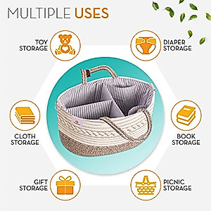 BIBSYBABY Diaper Caddy Baby Basket - 100% Cotton Rope Diaper Basket with 2 Pockets, Handle Locker and Removable Shoulder Strap - Baby Shower Bag & Baby Registry Must Haves, Brown