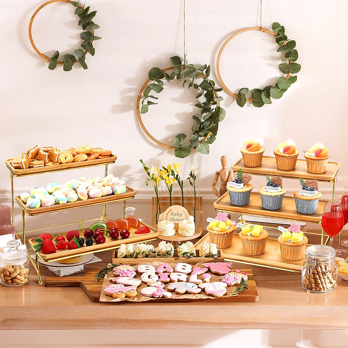 Thyle 2 Pcs 3 Tier Serving Trays Stand Rectangle Bamboo Tiered Serving Platters Dessert Table Display Set with 4 Pcs Tongs Trays with Metal Rack for Easter Wedding Party Food Cupcake(Gold)