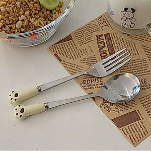 Cute Rabbit Dinnerware Set Ceramics Handle Stainless Steel Dessert Fork Animal Coffee Spoon Ice Cream Spoon (White Rabbit)