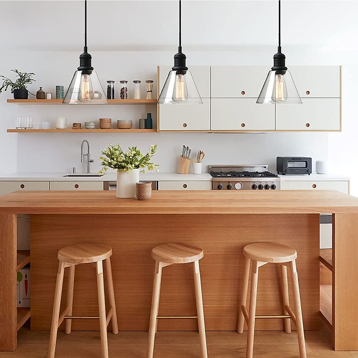 Yosoan 1-Light Vintage Edison Hanging Pendant Light, Mini Semi Flush Mount Light Fixture Funnel Flared Clear Glass Shade for Kitchen Bathroom Porch Living Room Dinning Room Hotels Bar Island (Black)