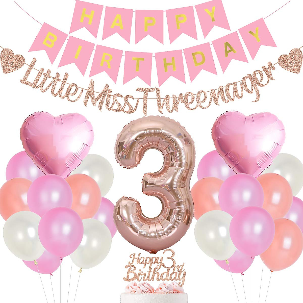 JOYMEMO 3rd Birthday Decorations for Girls Pink and Rose Gold Happy Birthday Banner Cake Topper, Little Miss Threenager Garland, Rose Gold Large Number 3 Foil Balloon and Pink Heart Balloons