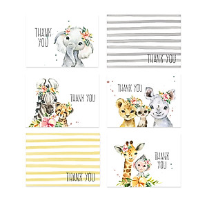 Canopy Street Boho Safari Animal Baby Shower Thank You/New Baby Appreciation Card Set / 24 Jungle Animals Gratitude Cards / 6 Baby Animal Thanks Designs 3 1/2" x 4 7/8" Note Card Pack