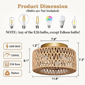 Rattan Light Fixtures Ceiling Mount, 3-Lights Boho Flush Mount Ceiling Light, Hand-Woven Cage Shade Lamp Lighting, Rustic Rattan Chandelier for Hallway Bedroom Kitchen Farmhouse Foyer Entryway (Gold)