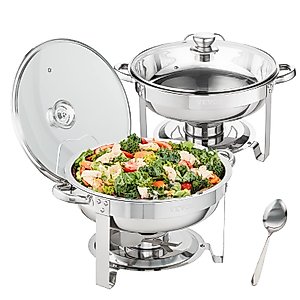 VEVOR Chafing Dish Buffet Set, 4 Qt 2 Pack, Stainless Steel Chafer w/ 2 Full Size Pans, Round Catering Warmer Server w/Vented Glass Lid Water Pan Stand Fuel Holder Hook Spoon, at Least 4 People Each