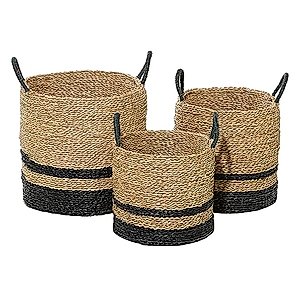 Deco 79 Seagrass Round Storage Basket with Handles, Set of 3 18", 17", 14"H, Black