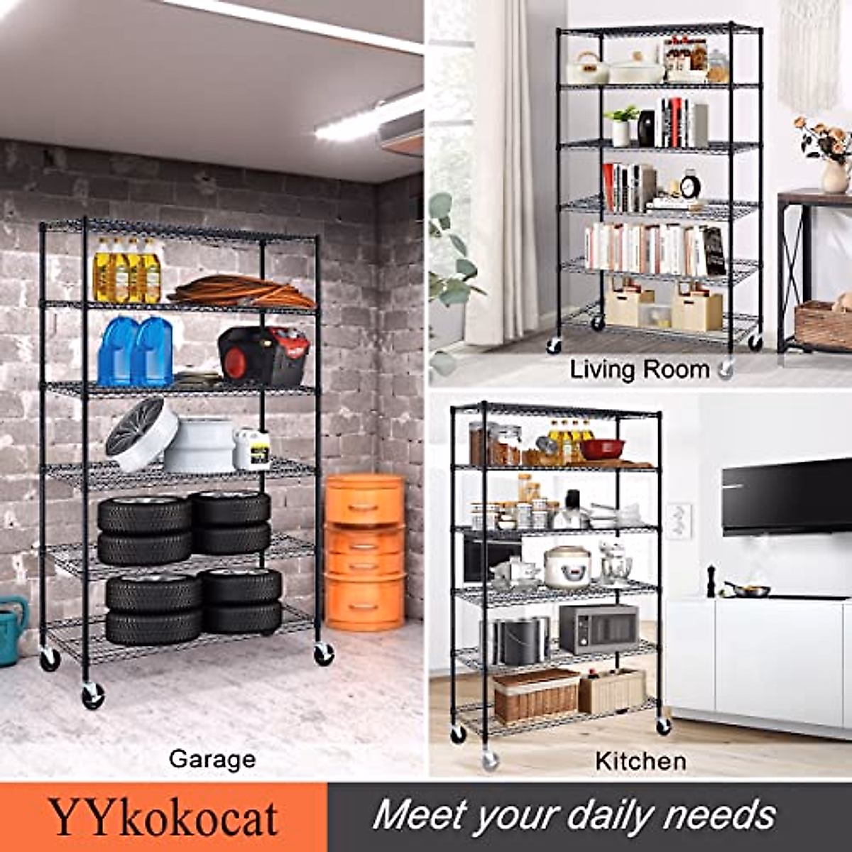 YYkokocat 6000Lbs Capacity Heavy Duty Storage Shelves Commercial Wire Shelving Unit and Storage Adjustable NSF 6 Tier Metal Rack Shelf on Wheels for Garage Basement, 76 H x 48 L x 18 D - Black