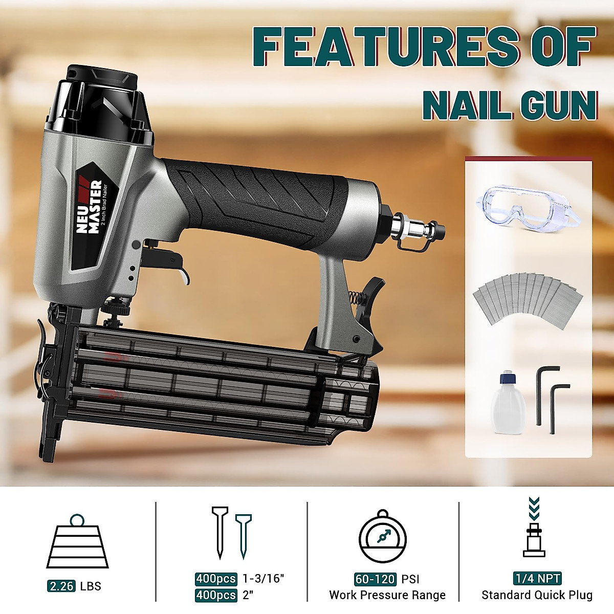 NEU MASTER Pneumatic Brad Nailer, 18 Gauge Nail Gun Fires 5/8-Inch to 2-Inch Brad Nails with Carrying Case, Safety Glasses, 800pcs Nails