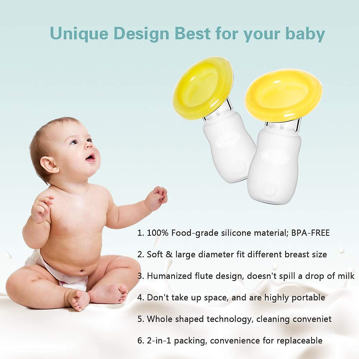 2 Pack Silicone Manual Breast Pump with Protective Lid, 100% Food Grade Silicone, Whole Shaped Technology, BPA-Free(Yellow)