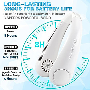 WWMMJA Portable Neck Fan,Hands Free Bladeless Fan, 360° Cooling Personal Wearable Fan 3 Speeds 4000mAh Rechargeable Battery Operated, No Hair Twisting, Headphone Design Neck Fan for Women Men (White)