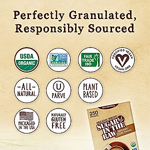 Sugar In The Raw Organic Granulated White Premium Cane Sugar, No Added Flavors or erythritol, Pure Natural Sweetener, Hot & Cold Drinks, Coffee, Tea Vegan, Gluten-Free, Non-GMO, Bulk Sugar, 250 ct packets (1-Pack)