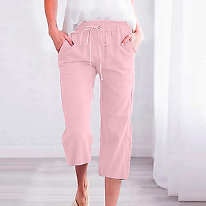 Pants Women Women's Summer Beach Pants Drawstring Elastic Waist Solid Trousers Slacks Cotton Linen Capri Pants Plus Size Relaxed Fit Pink XL