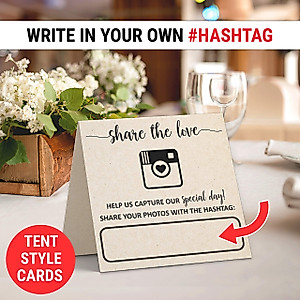 321Done Wedding Hashtag Signs 5x5 Folded, Made in USA - Rustic Kraft Tan Tent Cards for Table Placecard - Square Write On Large Oh Snap Photo Share Love - Set of 10