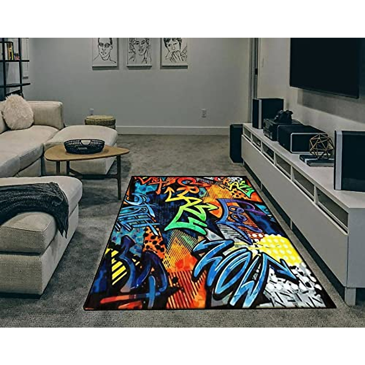 Modern Abstract Area Rugs for Living Room Kitchen Bedroom Abstract Bright Graffiti Pattern with Bricks Paint Drips Words in Bathroom Rugs Stain Resistant Carpet Mat Pad Rectangular Home Decor